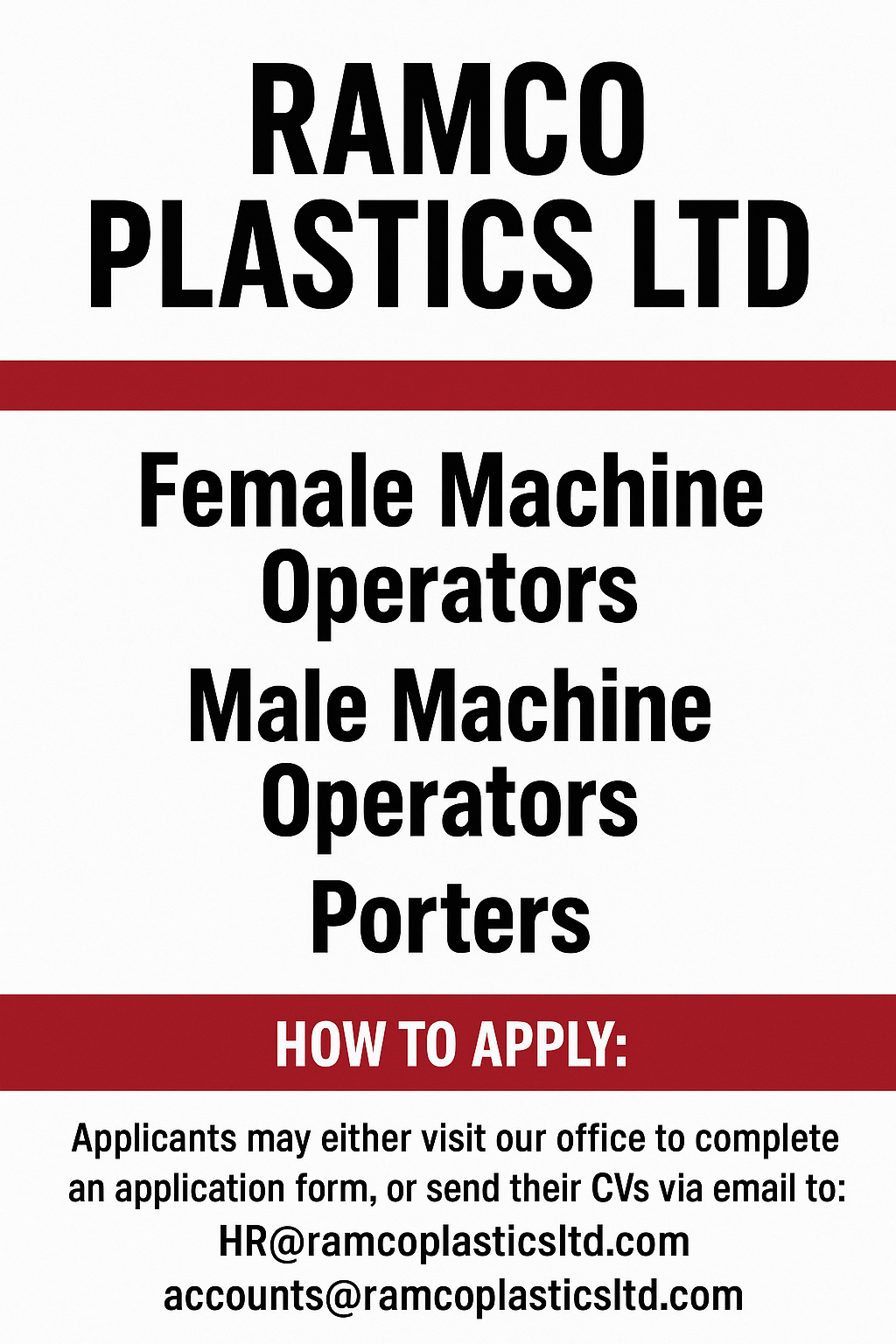 Vacancy for Female Machine Operators Male Machine Operators Porters at Ramco Plastics Ltd. | St ...